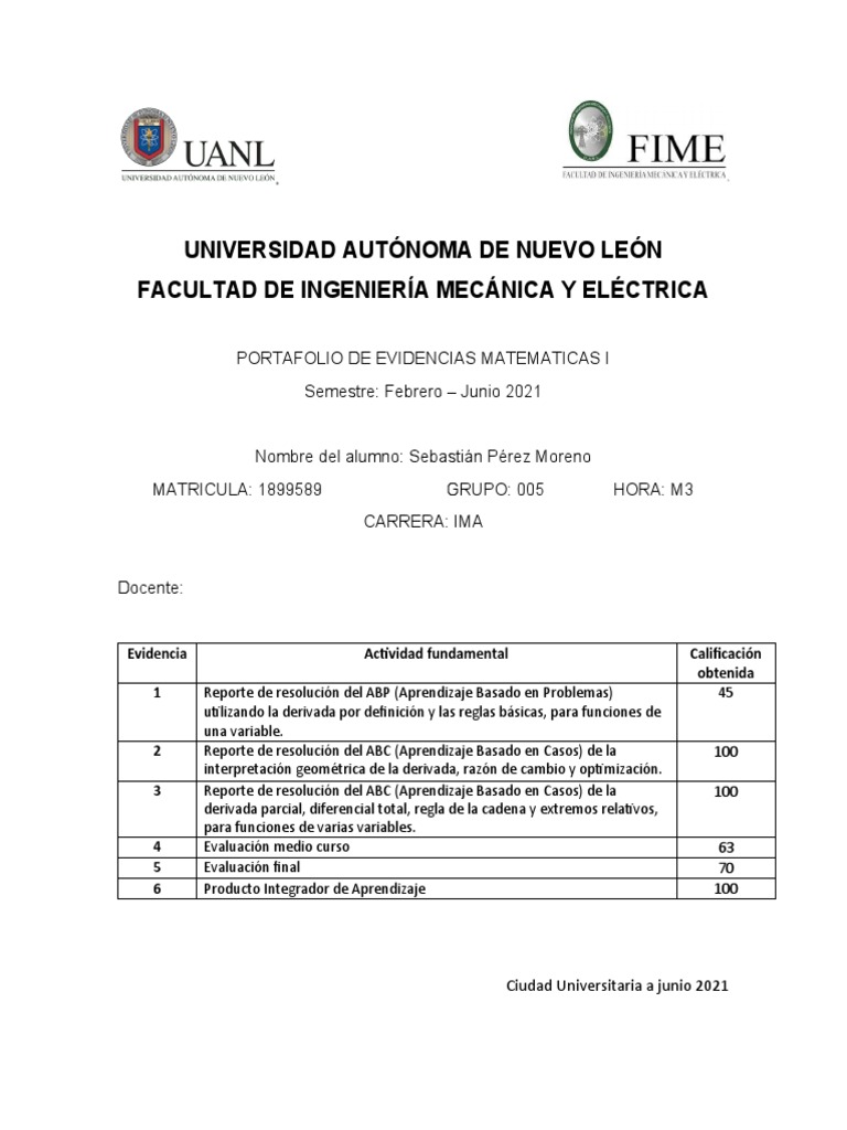 Portada Portafolio de Evidencias Mate I F2021 | PDF