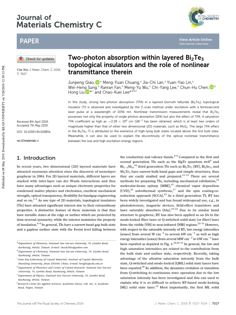 Two-Photon Absorption Within Layered Bi2Te3 Topological Insulators and ...