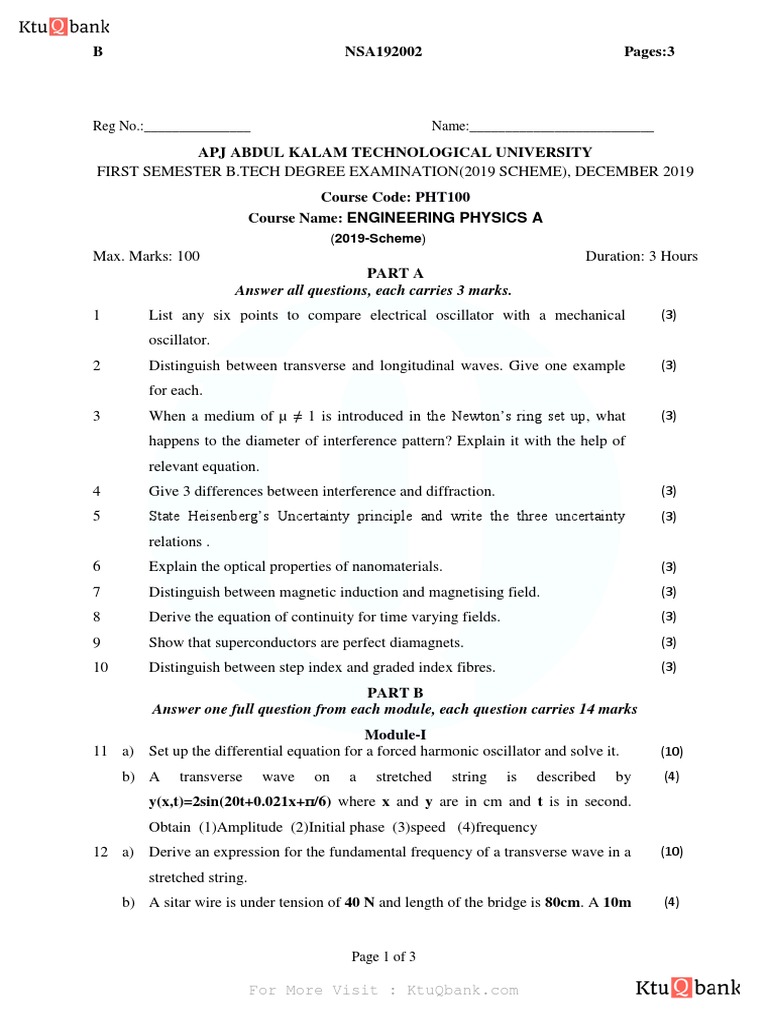 Engineering Physics A (PHT100) - Ktu Qbank | PDF | Waves | Wavelength