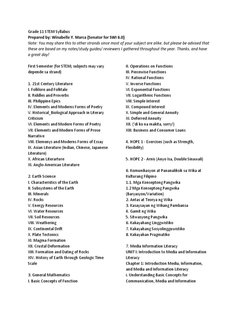 Grade 11 STEM Syllabus | PDF | Probability Distribution | Communication