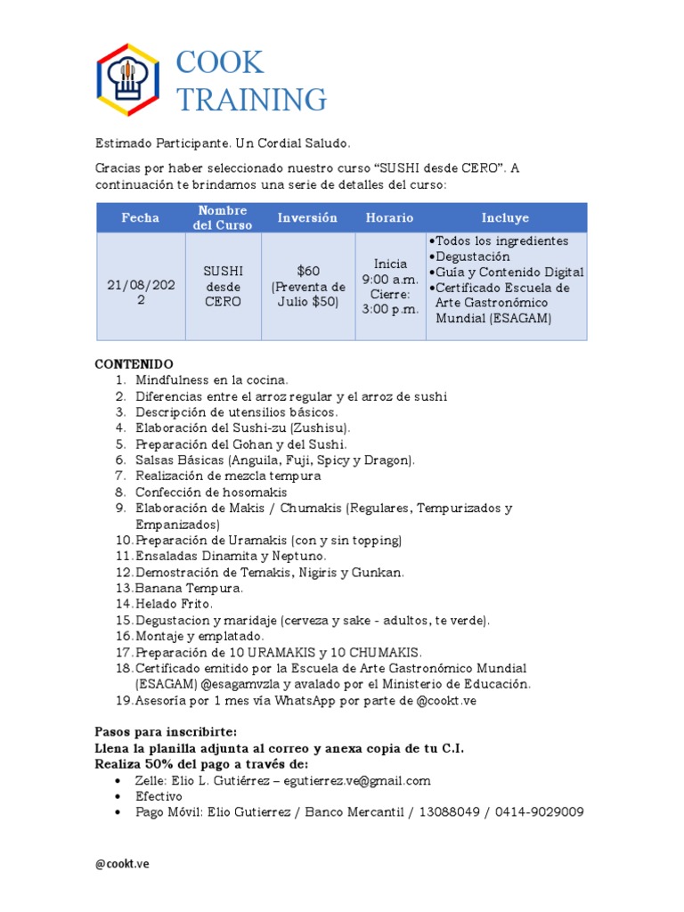 Curso de Sushi - Pautas y Planilla de Inscripción | PDF | Comida y bebida | Cocinando