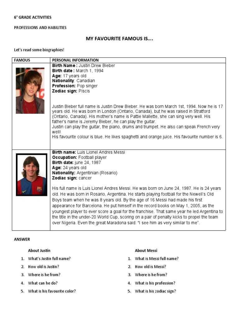 Biographies Fun Activities Games - 29581 | PDF | Lionel Messi | Team Sports