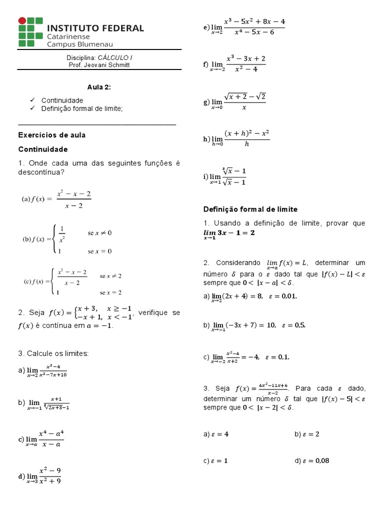 Aula2 Continuidade e Definicao Formal - Exercicios | PDF | Limite (Matemática) | Matemática