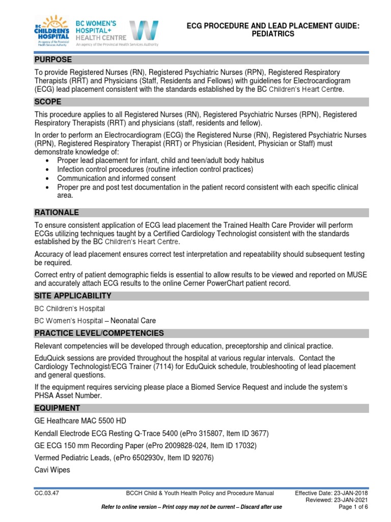ECG Procedure and Lead Placement Guide Pediatrics | PDF ...