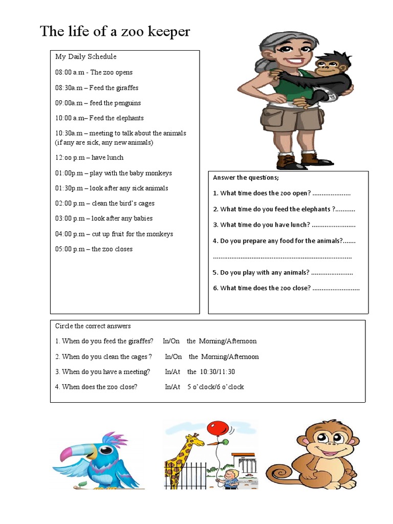 Schedule and Interview of A Zoo Keeper Reading Comprehension Exercises ...