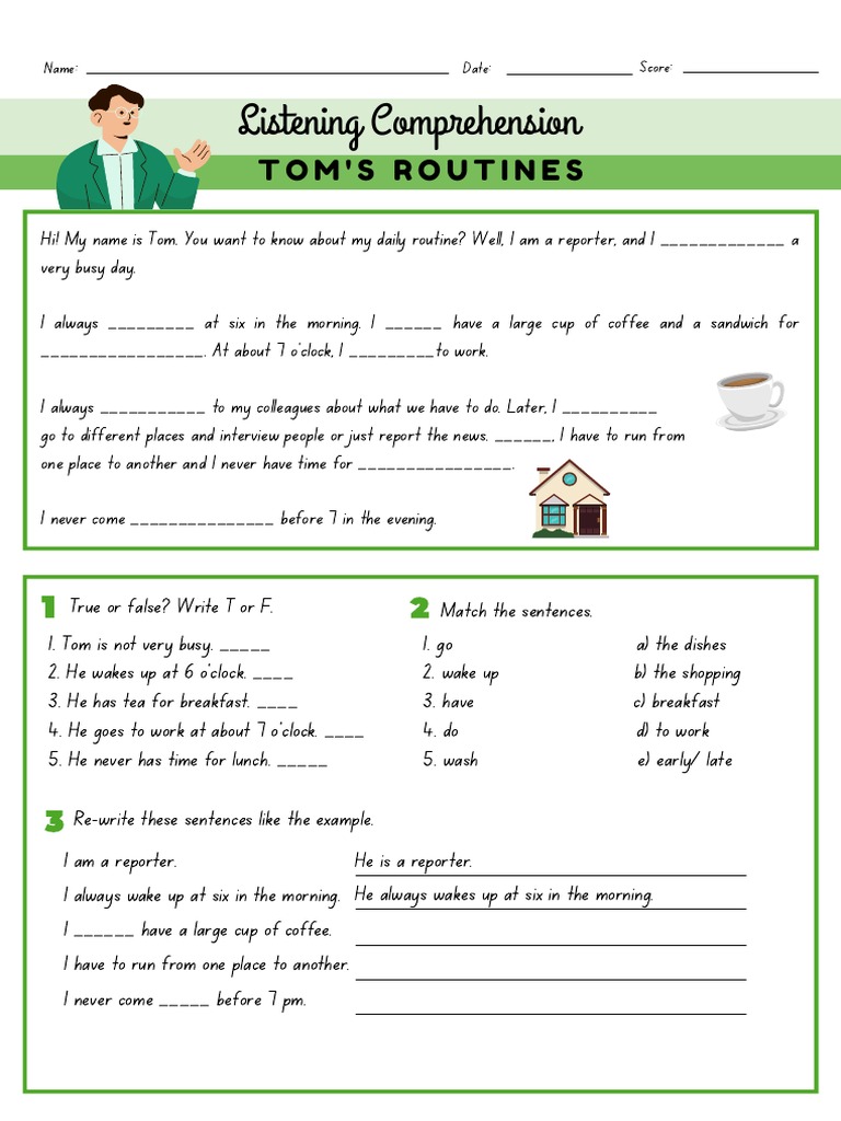 Tom's Daily Routine Listening Activity | PDF | Lunch | Foods