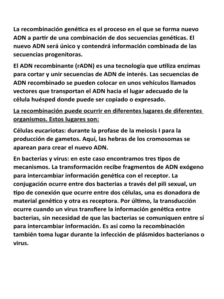 LA RECOMBINACIÓN DE ADN, Info | PDF | Recombinación genética | Adn