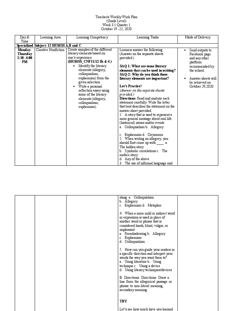 Teachers-Weekly-3.1Work-Plan-Oct.-19-22 | PDF | Allegory | Cognition