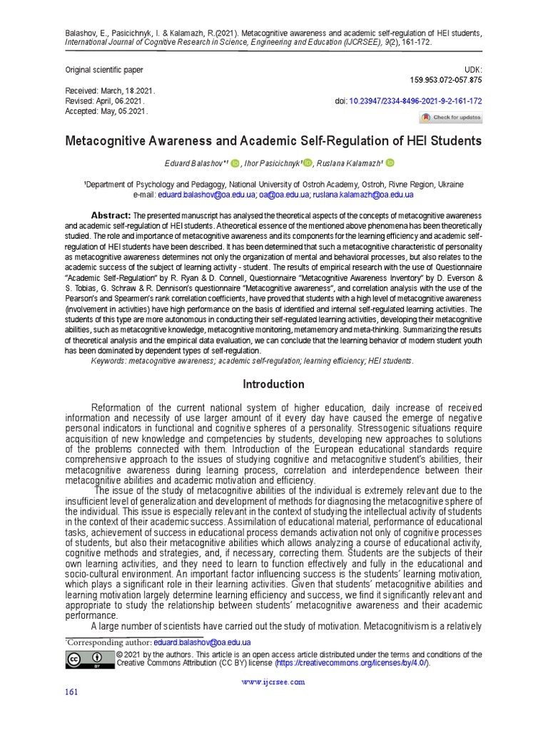 Balashov - Et Al - 2021 - Metacognitive Awareness and Academic Self-Regulation of HEI Students ...