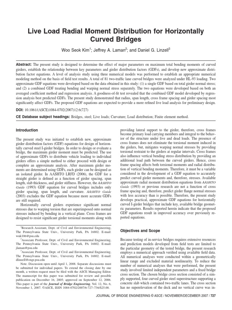Live Load Radial Moment Distribution For Horizontally Curved Bridges | PDF | Bending | Stress ...