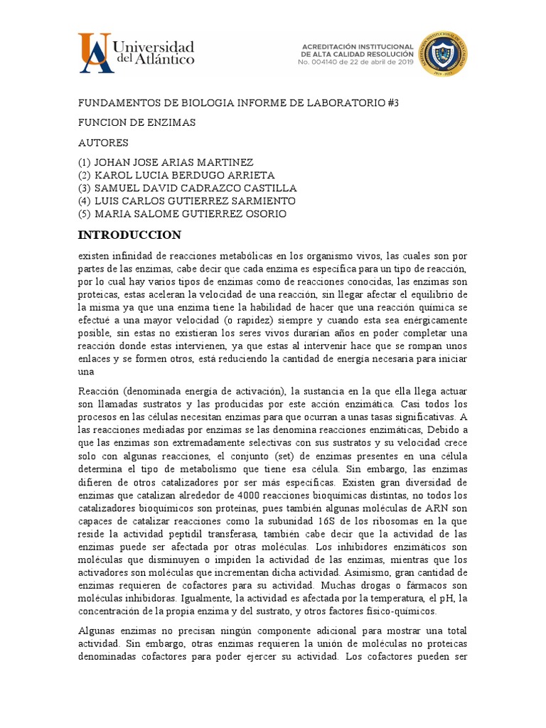 Informe de Laboratorio 3 Enzimas | PDF | Enzima | Peróxido de hidrógeno