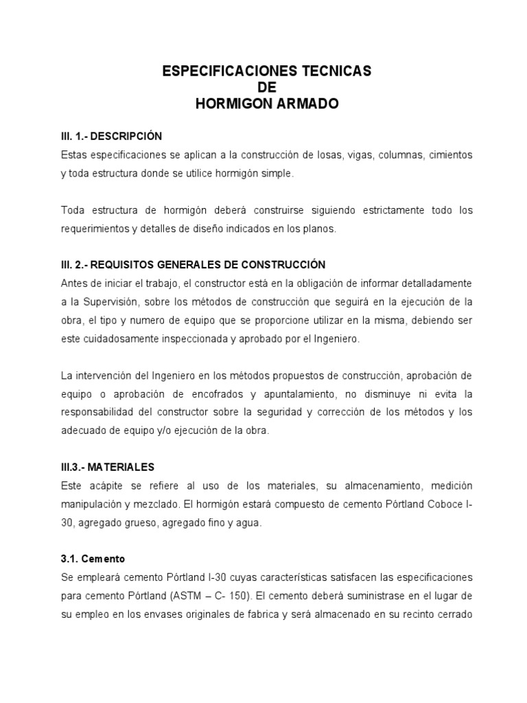 Especificaciones de Hormigón Armado | PDF | Hormigón | Cemento