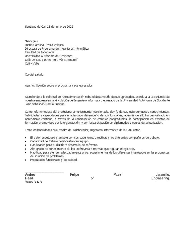 Opinión sobre Egresado UAO en Ingeniería | PDF