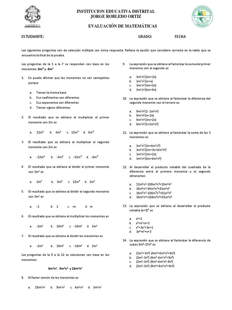 Evaluación Octavo Grado | PDF | Multiplicación | Factorización