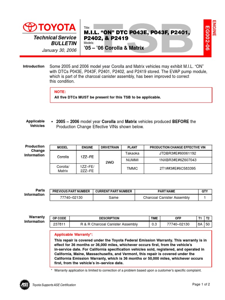 TSB Toyota | PDF | Motor Vehicle | Automotive Industry