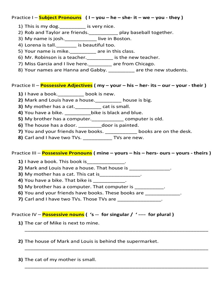 Possessives Practice | PDF | Verb | Pronoun
