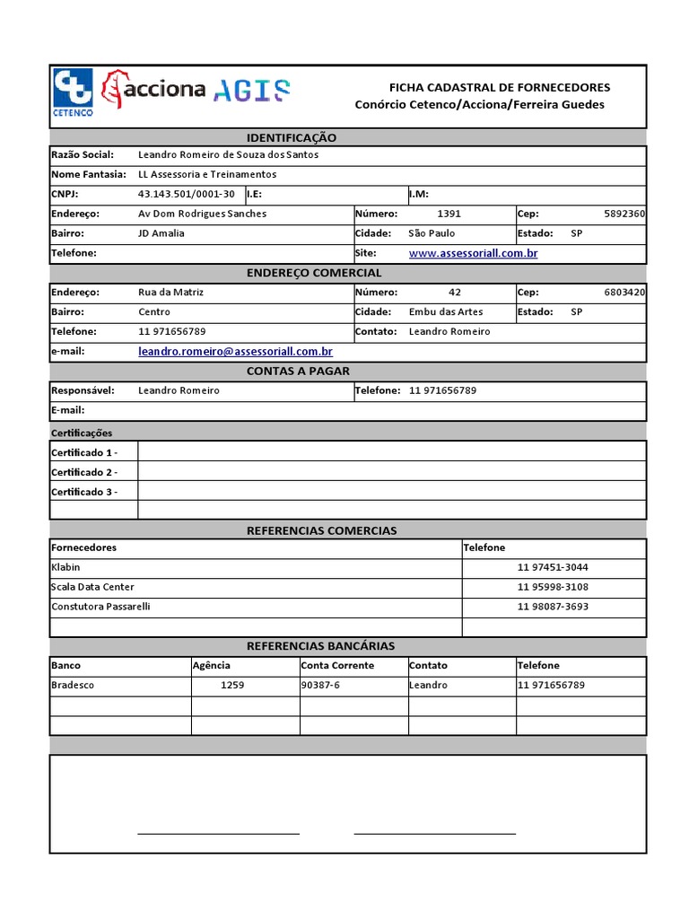 Ficha de Cadastro Fornecedor - Modelo | PDF