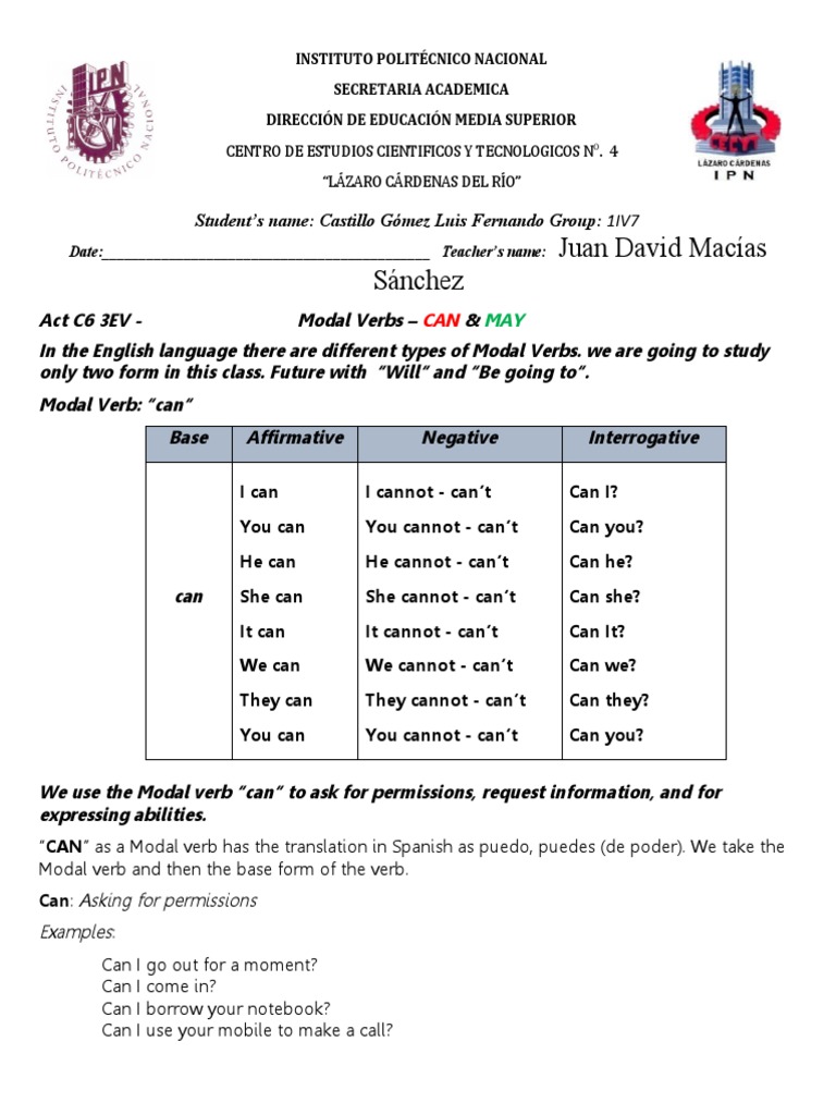 Act C6 3ev. - Modals Verbs - CAN - MAY | PDF | Verb | Question