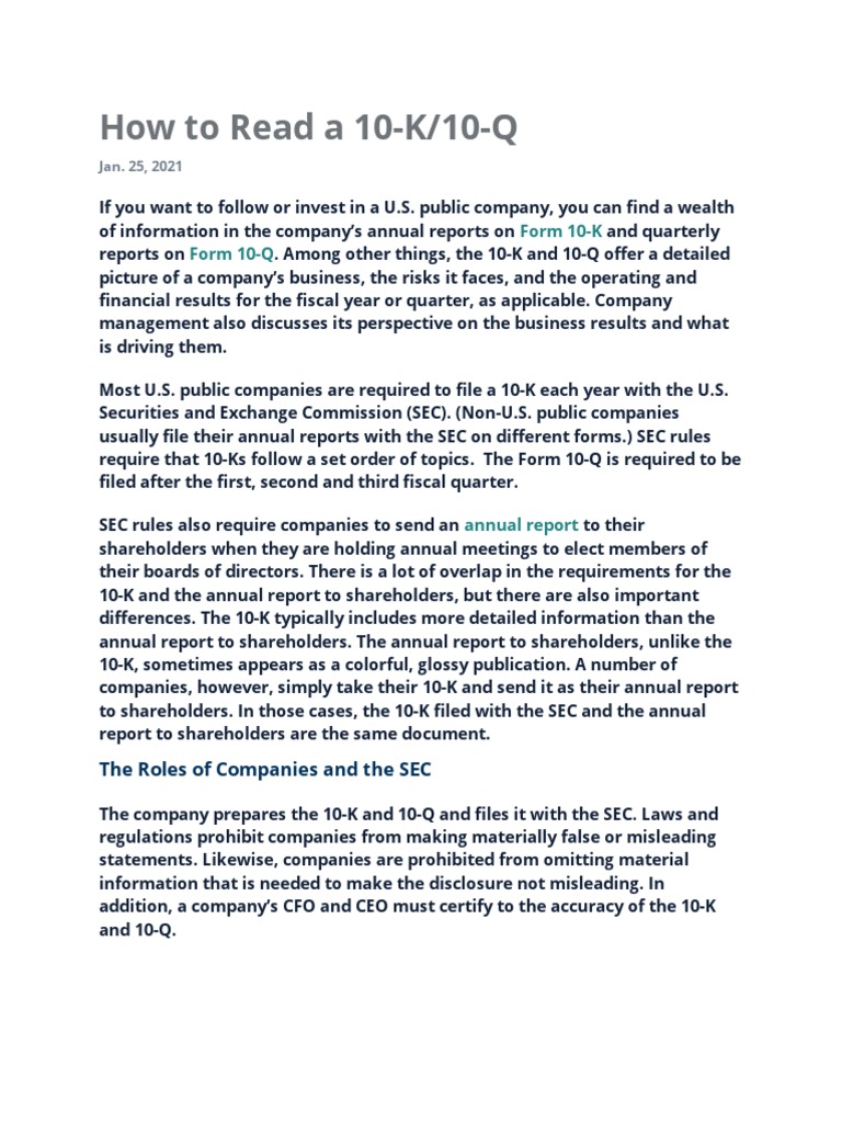 How To Read A 10-K/10-Q | PDF | Form 10 K | Financial Statement