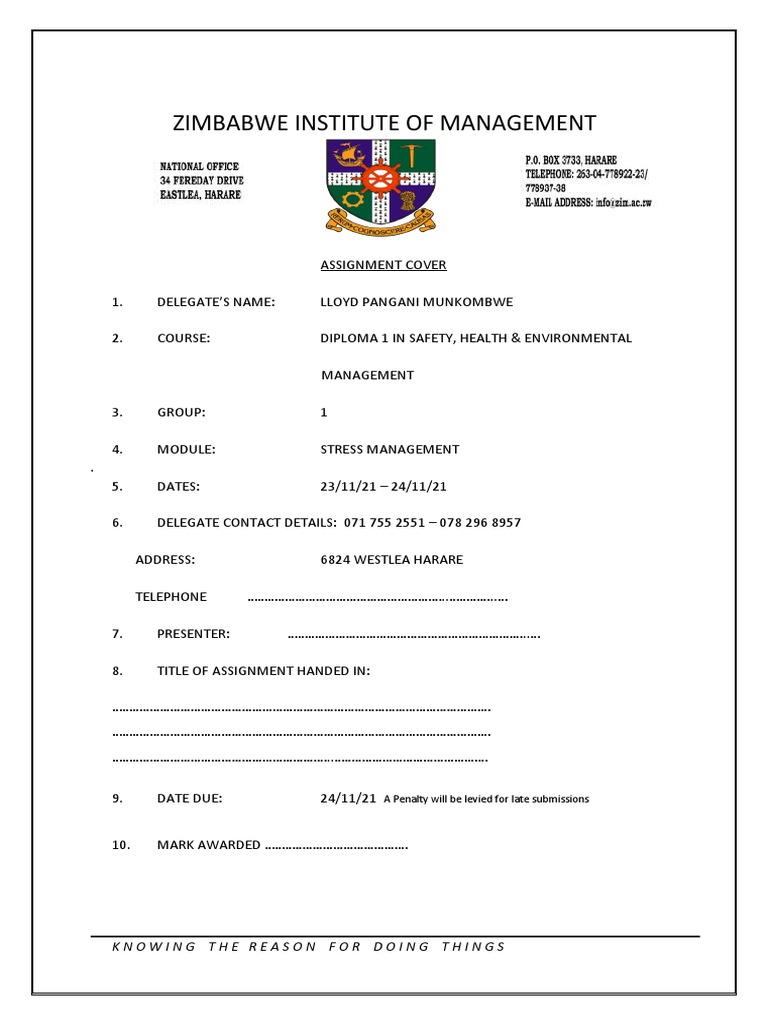 Stress Management Assignment Lloyd Munkombwe | PDF | Occupational Stress | Behavioural Sciences