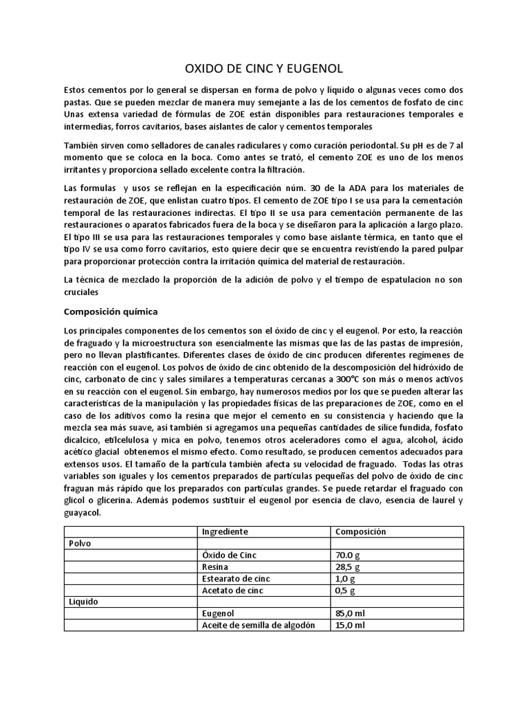 Oxido de Cinc y Eugenol | PDF | Cemento | Óxido de zinc