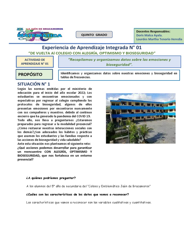 Experiencia de Aprendizaje Integrada N.docx Mate Trabajo | PDF | Las emociones | Aprendizaje