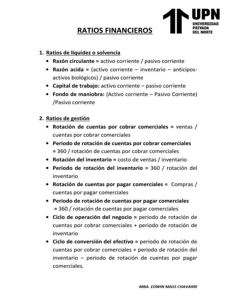 Sesión 01 - Fórmula de Ratios Financieros | PDF | Finanzas y dinero