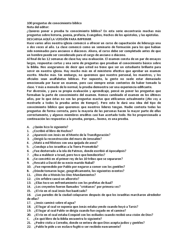 100 Preguntas de Conocimiento Bíblico | PDF | Jesús | Biblia