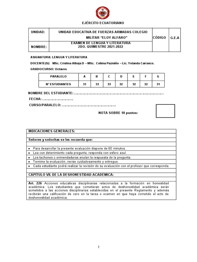 EXAMEN 8vo AÑO EGB. | PDF | Prueba (evaluación)