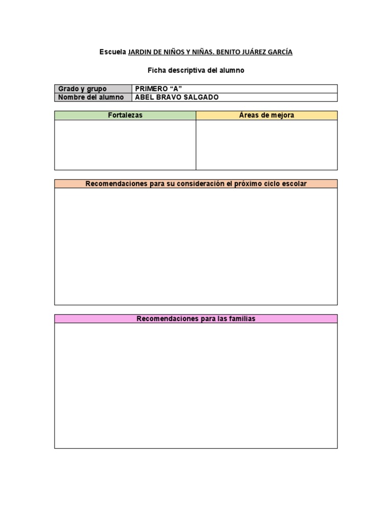 Ficha Descriptiva Alumno Preescolar | PDF | Educación de la primera ...