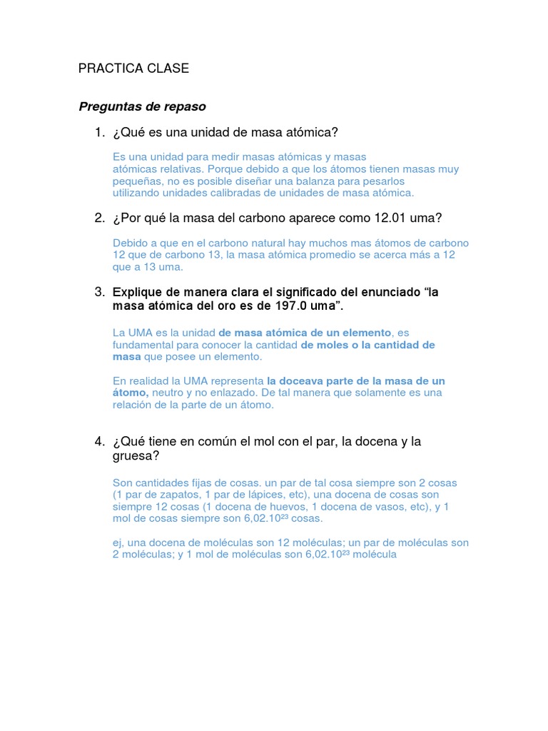 Unidad 4 Practica Clase | Descargar gratis PDF | Mole (Unidad) | Masa