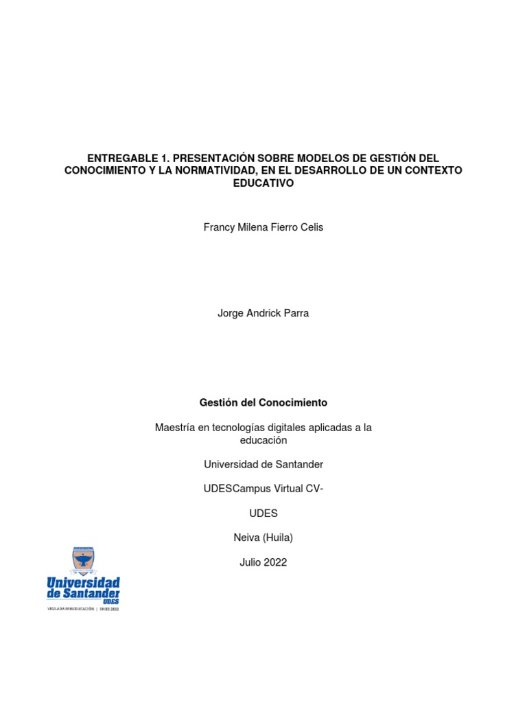 Entregable 1. Presentaciã"n Sobre Modelos de Gestiã"n Del Conocimiento ...