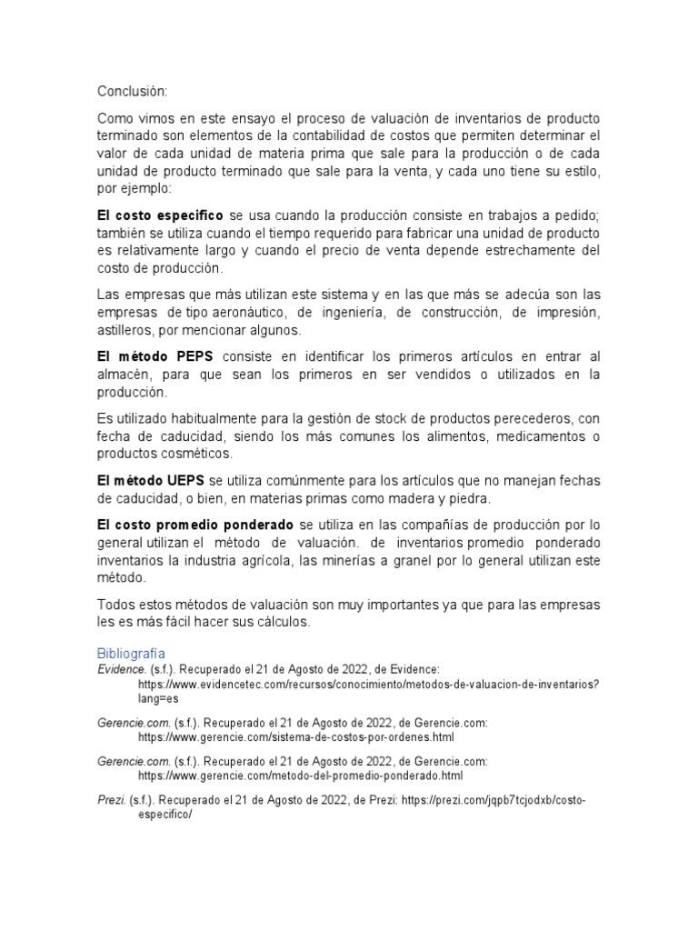 Conclusion Del Ensayo de Costos | PDF | Negocios