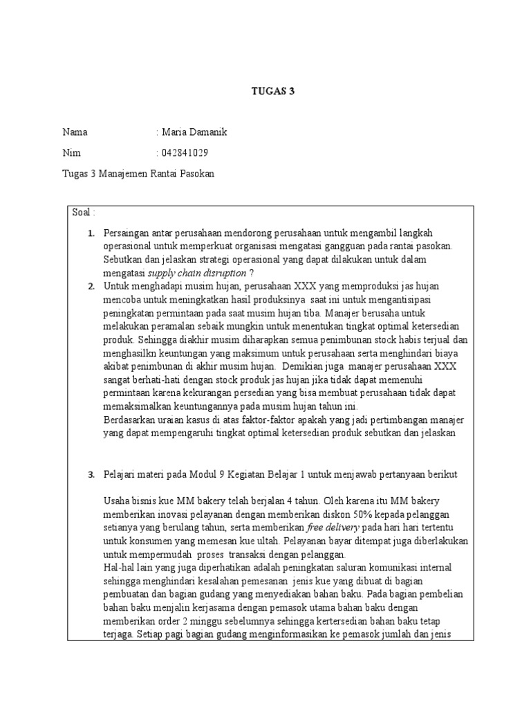 Tugas 3 Manajemen Rantai Pasokan - Maria Damanik - 042841029 | PDF