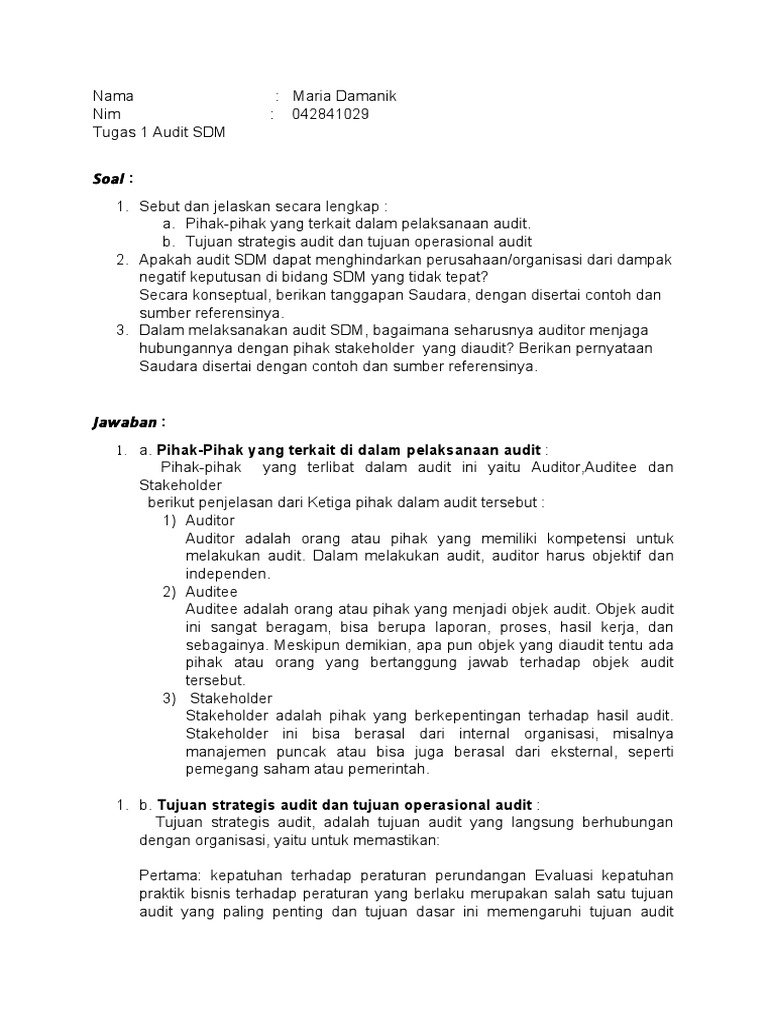 Tugas 1 Audit SDM Maria Damanik - 042841029 | PDF | Karier & Perkembangan | Bisnis