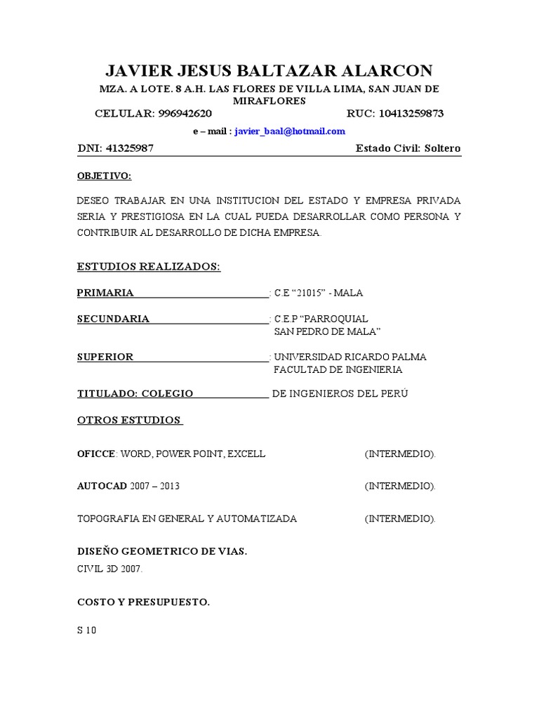 CV de Javier Jesus Baltazar Alarcon | PDF | Lima | Perú