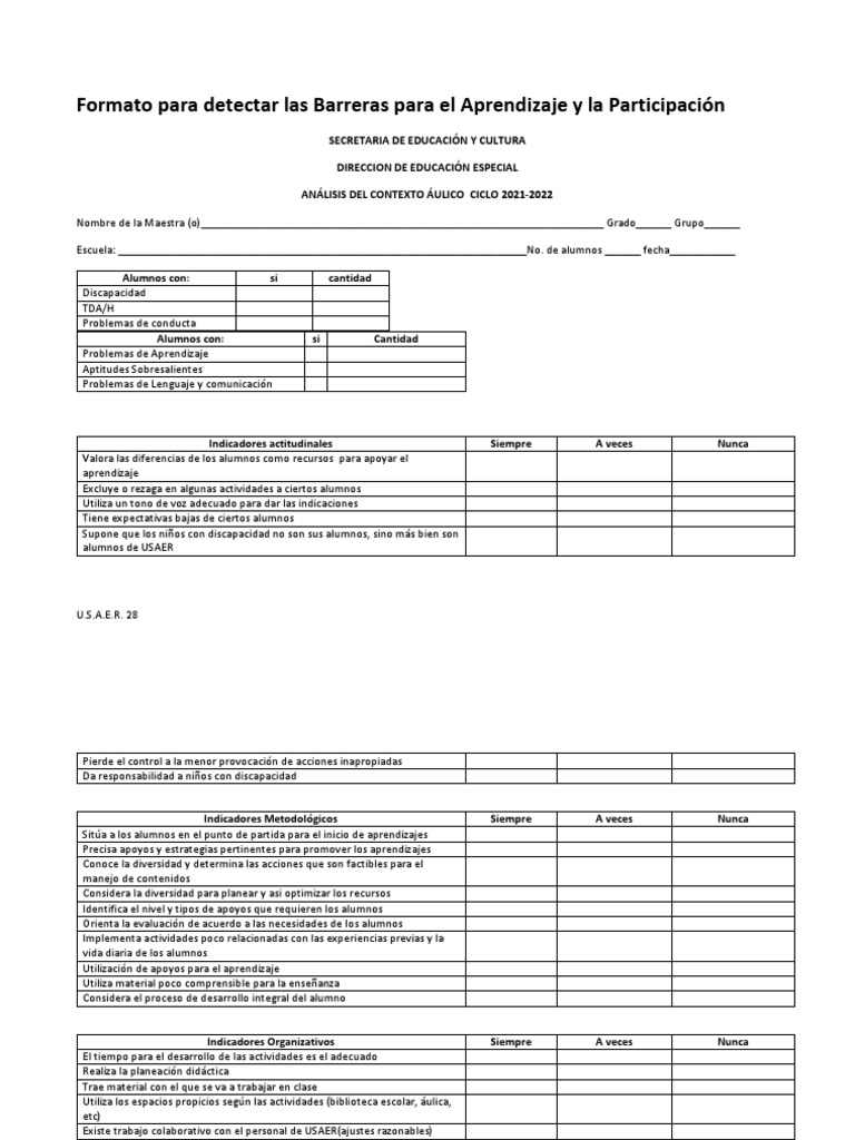 Formato para Detectar Las Barreras para El Aprendizaje y La Participación | PDF | Aprendizaje ...