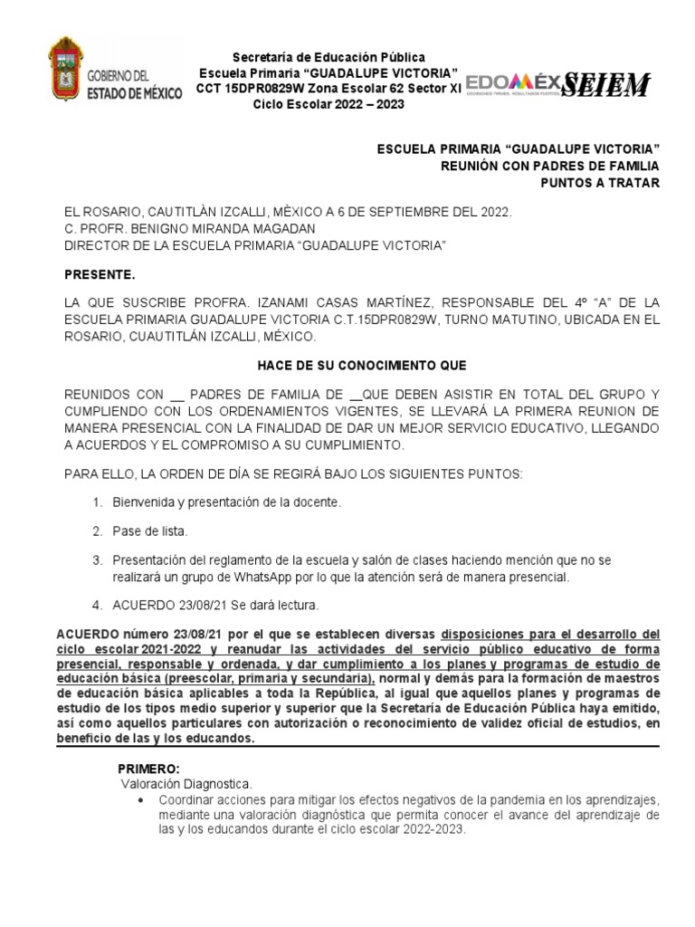 Puntos A Tratar 1° Junta | PDF | Educación primaria | Educación de la primera infancia