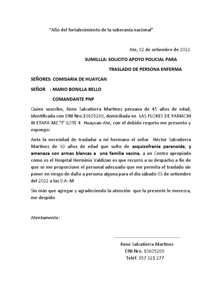 Solicitud A La Comisaria para Apoyo de Traslado | PDF