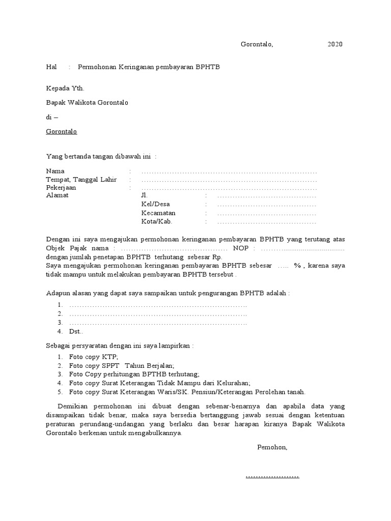 Contoh Formulir Permohonan Pengurangan BPHTB | PDF