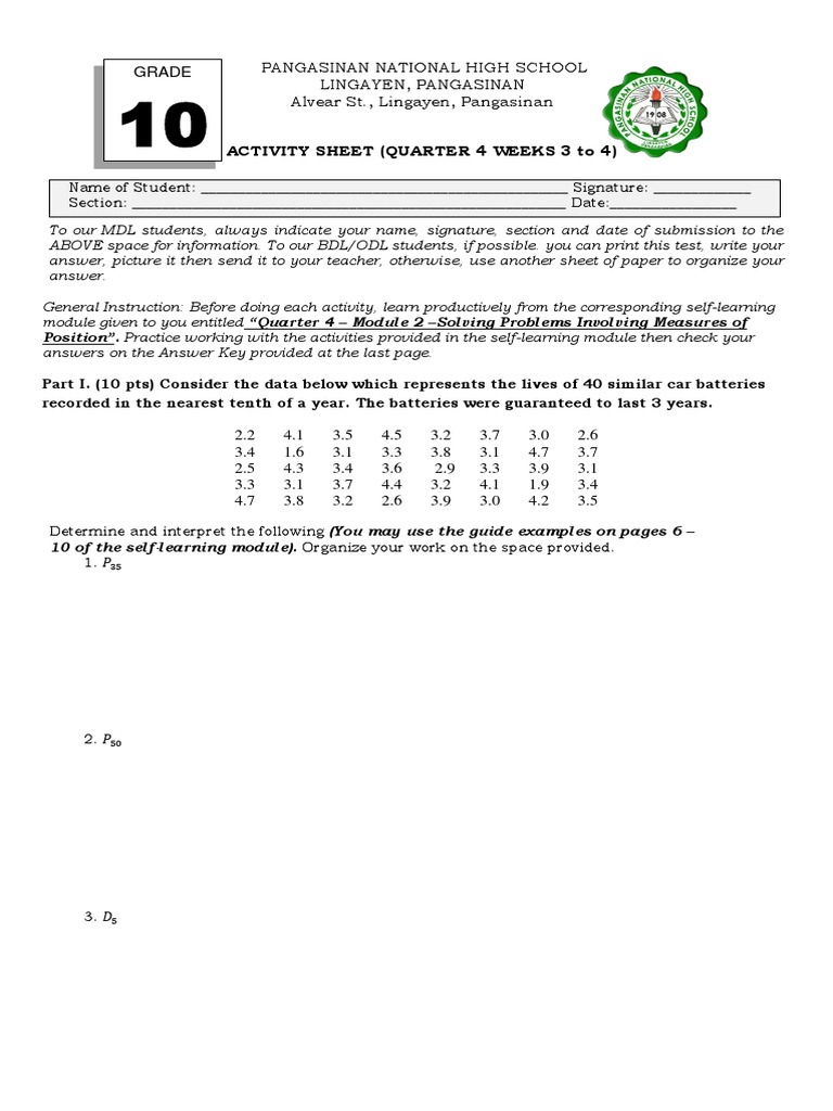 Math 10 Q4 Weeks 3 To 4 Activity Sheet | PDF | Percentile