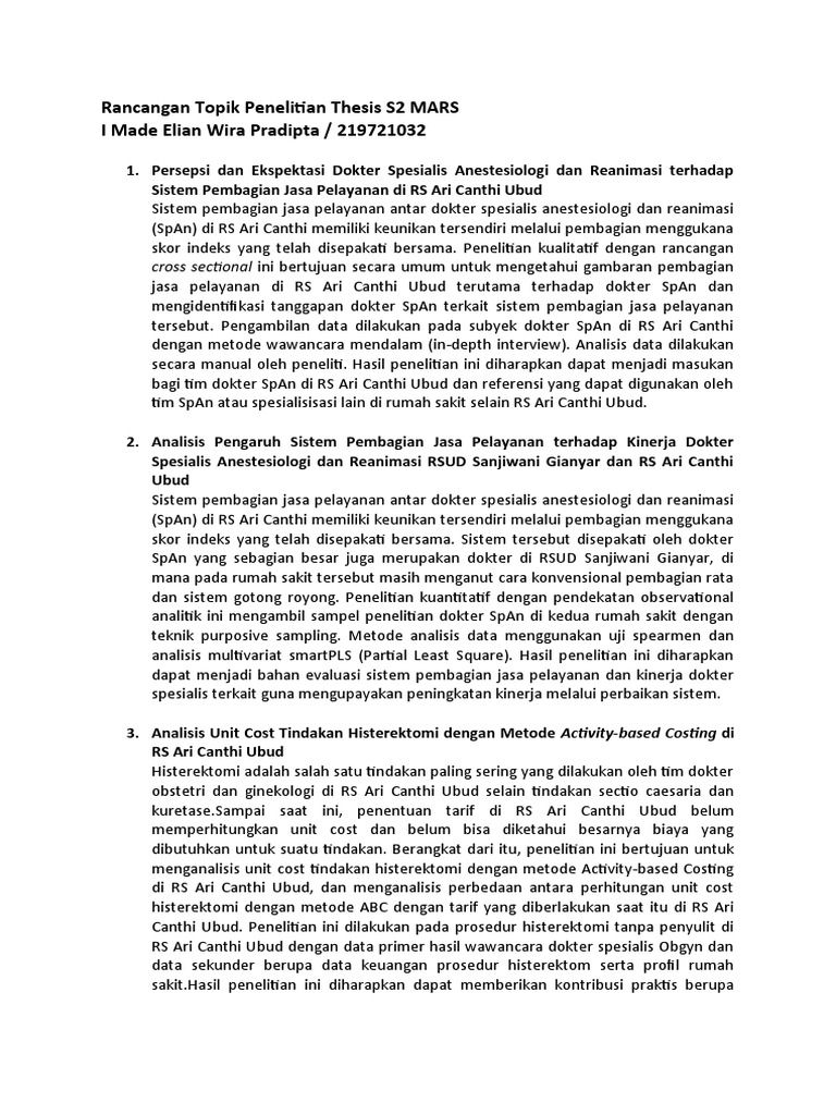 Rancangan Topik Penelitian Thesis S2 MARS | PDF