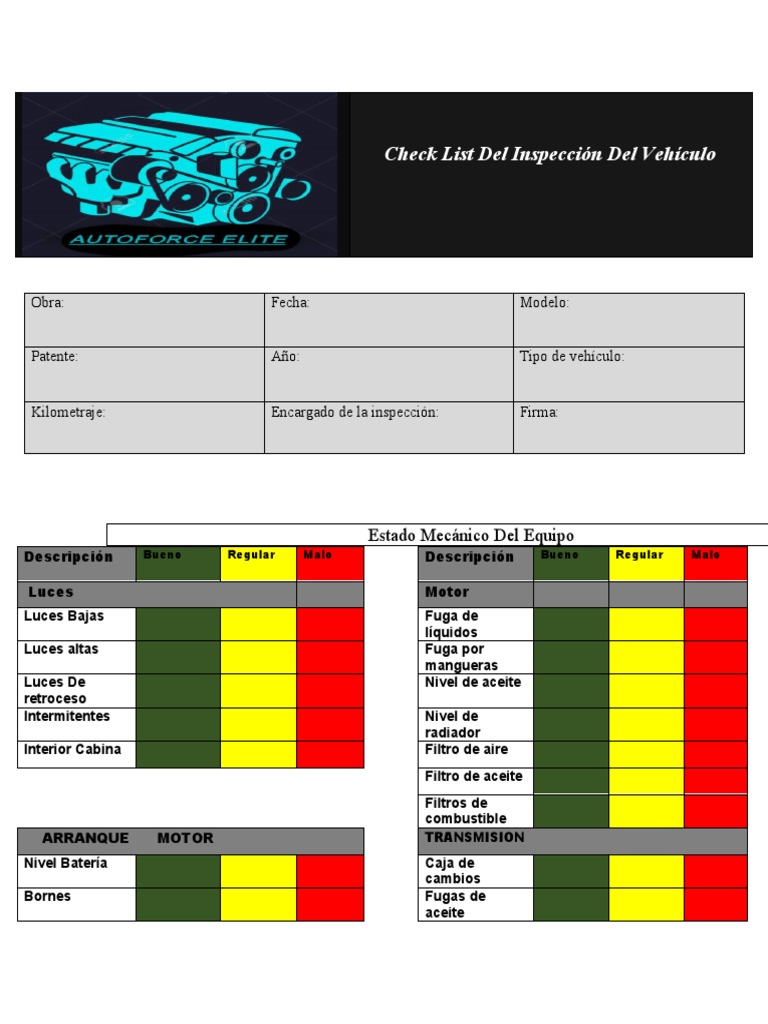 Check List de Inspección Del Vehículo | PDF | Neumático | Vehículos con ...