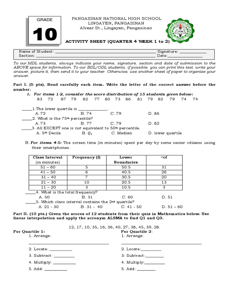 Pangasinan High School Activity Sheet | PDF | Percentile | Test ...