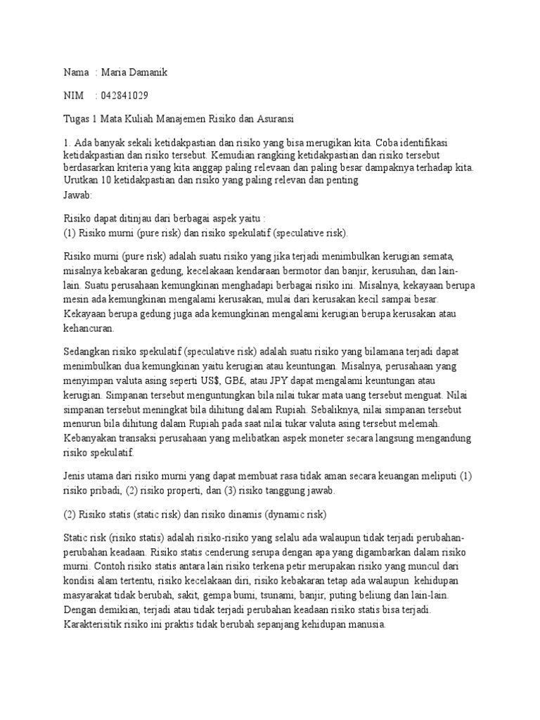 Perbaikan Tugas Manajemen Risiko Dan Asuransi - Maria Damanik - 042841029 | PDF | Pengelolaan ...
