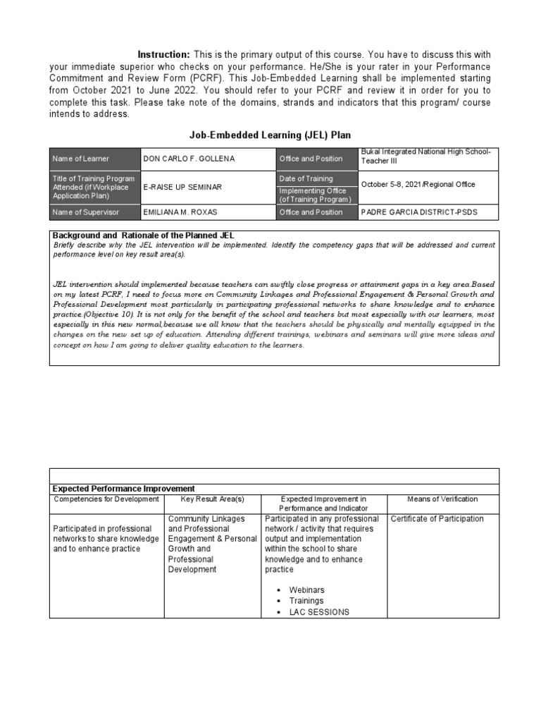 DON CARLO F. GOLLENA-Job-Embedded-Learning-Plan | PDF | Learning ...
