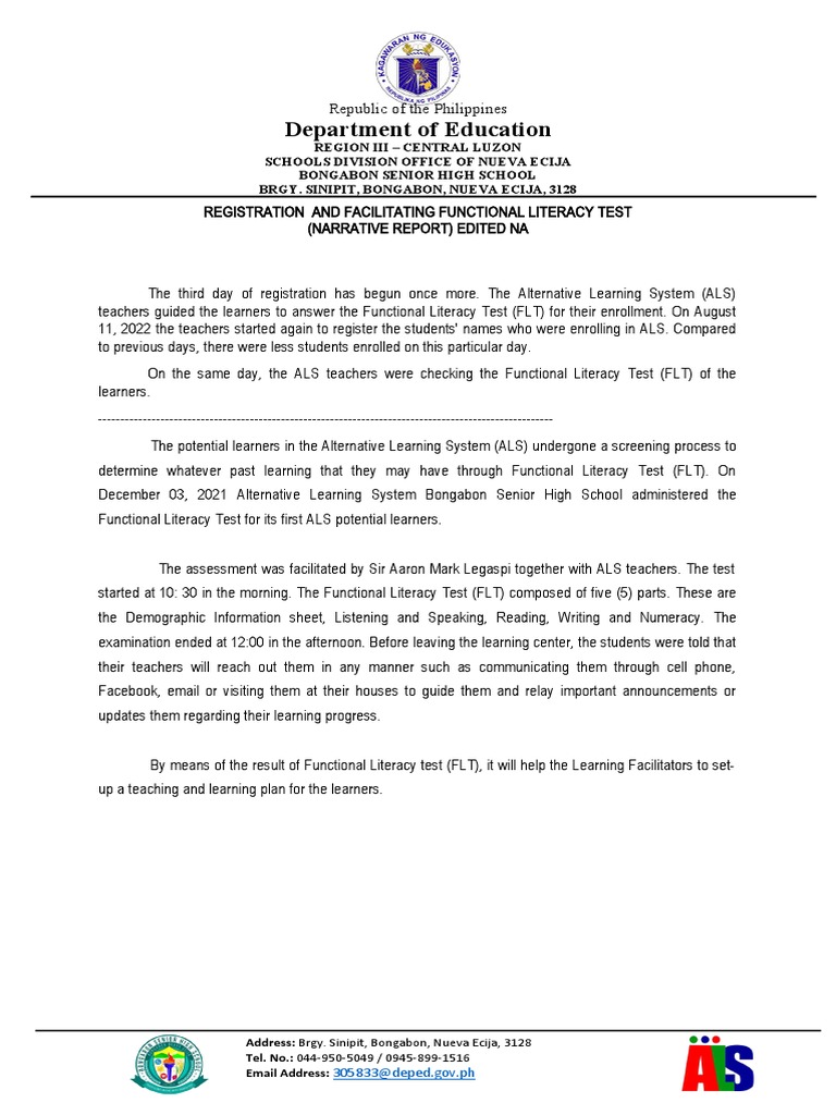 Edited FLT Narrative Report | PDF | Literacy | Learning