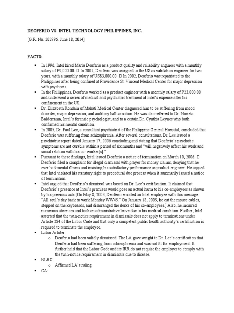 Deoferio vs. Intel Technology Philippines, Inc. | PDF | Mental Disorder ...