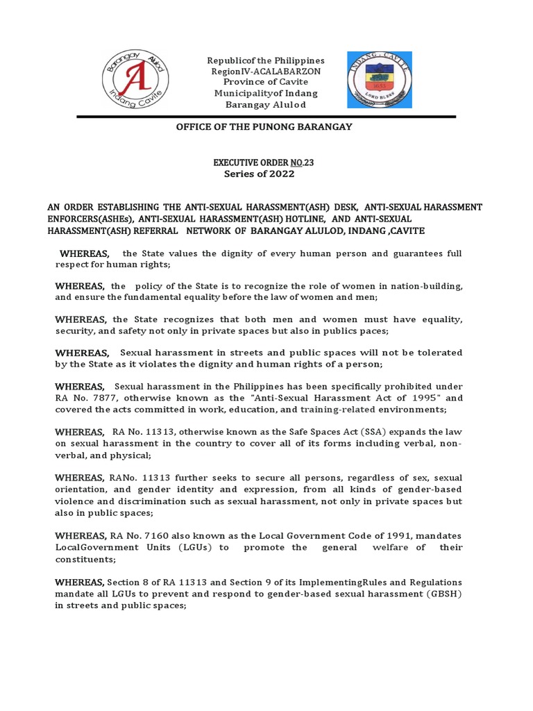 EXECUTIVE ORDER 23 ANTI SEXUAL HARASSMENT BRGY Alulod | PDF | Sexual ...