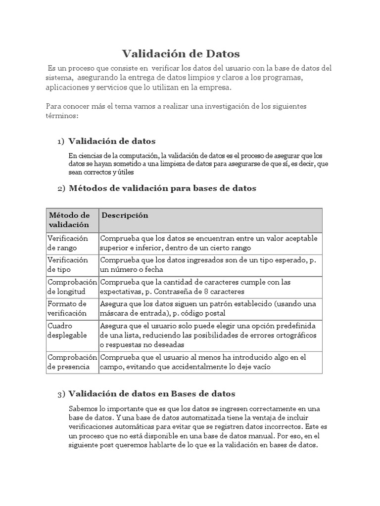 Validación de Datos | PDF | Bases de datos | Usuario (informática)